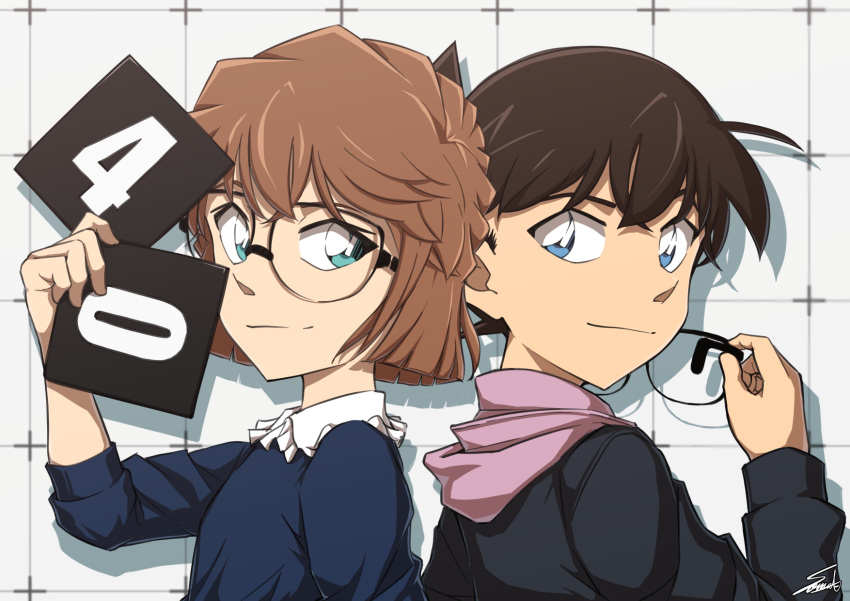 Safebooru - 1boy 1girl back-to-back black-framed eyewear blue eyes blue shirt brown hair child ...