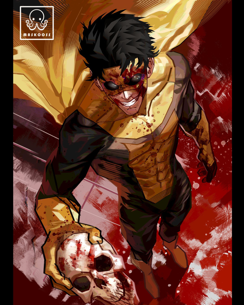 Safebooru - 1boy black hair blood bodysuit cape evil smile highres ...