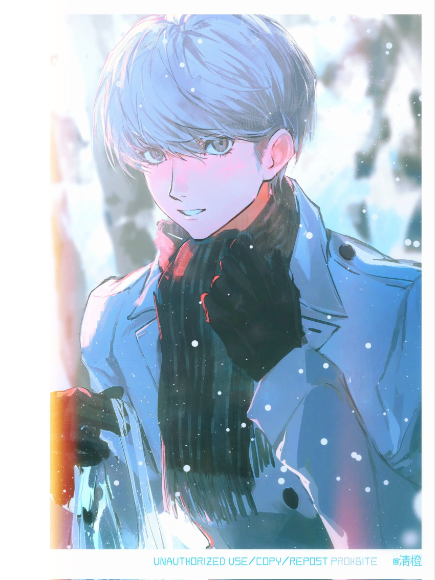 Safebooru - 1boy black gloves coat english text gloves grey hair grin highres looking at viewer ...