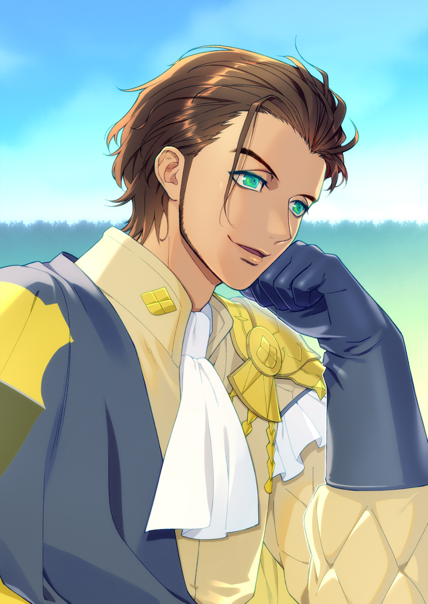 Safebooru - 1boy ascot blue gloves blurry blurry background brown hair claude von riegan closed ...