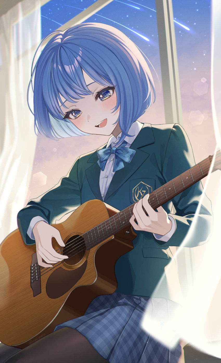 Safebooru - 1girl :d absurdres acoustic guitar blazer blue bow blue bowtie blue eyes blue hair ...