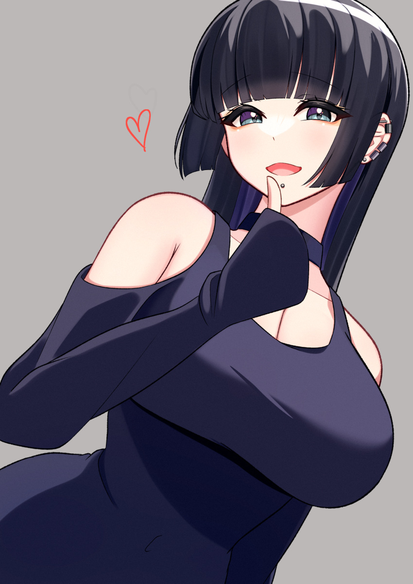 Safebooru - 1girl aqua eyes barbell piercing bigthirteen0301 black choker black dress black hair ...