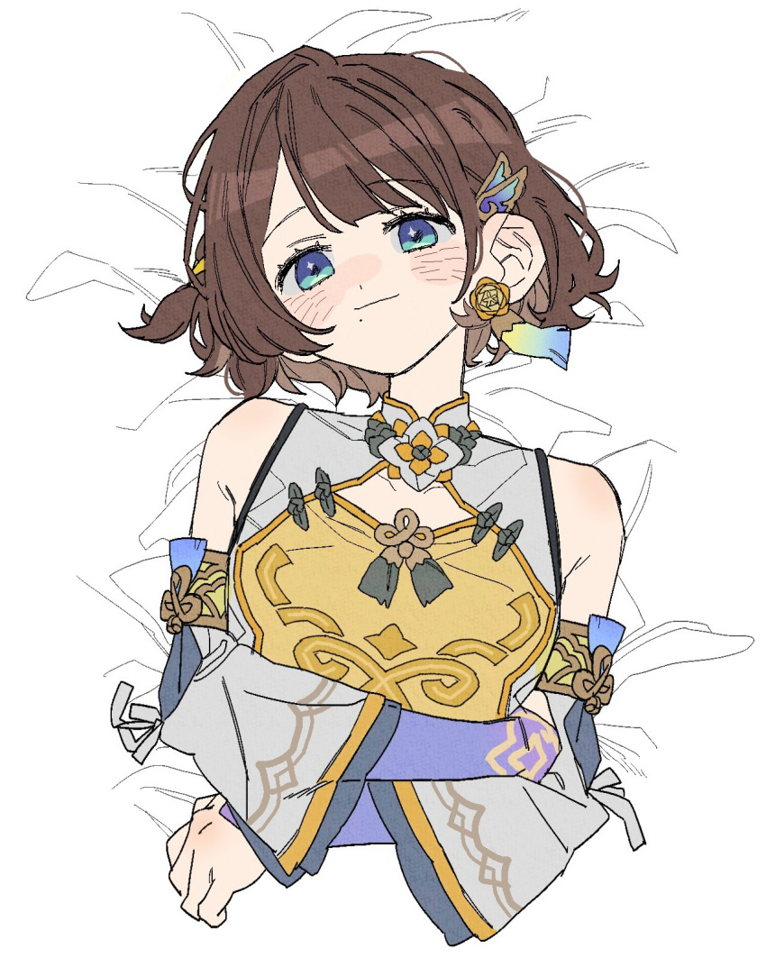 Safebooru - 1girl blue eyes blush brown hair closed mouth crossed arms dayama hair ornament ...