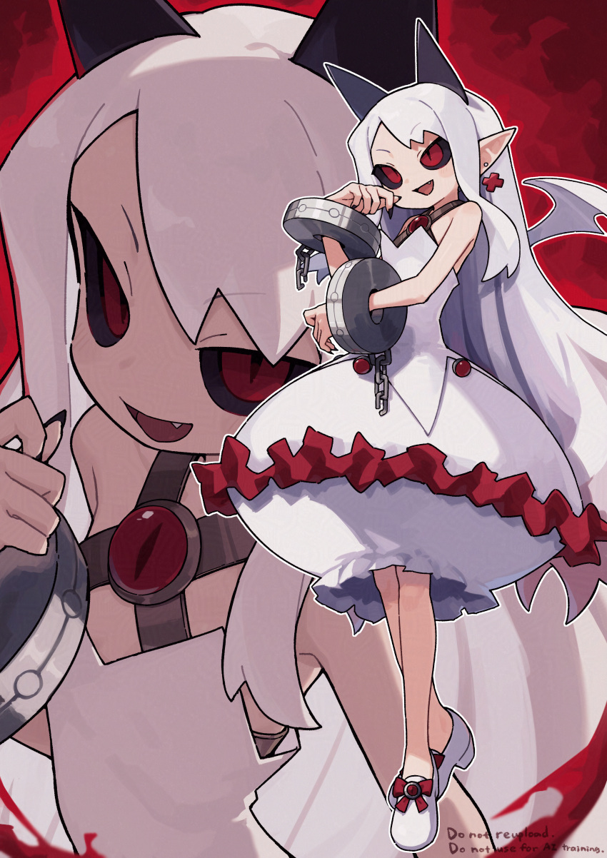 Safebooru - 1girl absurdres black sclera broken broken chain chain colored sclera cuffs dress ...