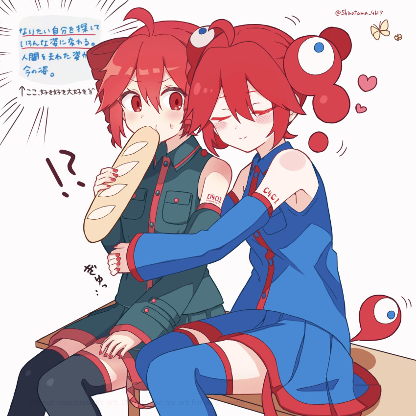 Safebooru - !? 2girls ahoge baguette belt bench black skirt black sleeves black thighhighs blue ...