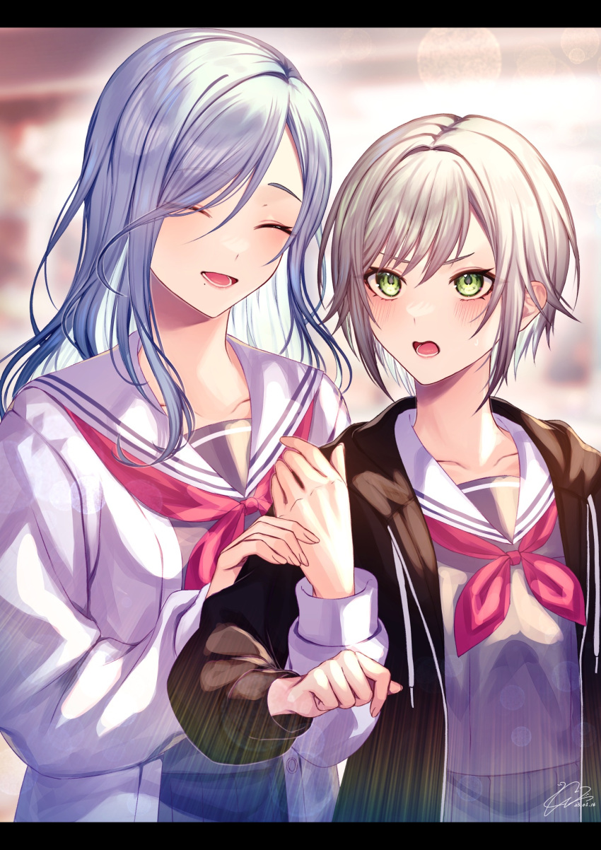 Safebooru - 2girls :d ^ ^ annoyed arm hug black jacket blue hair blurry blurry background bob ...