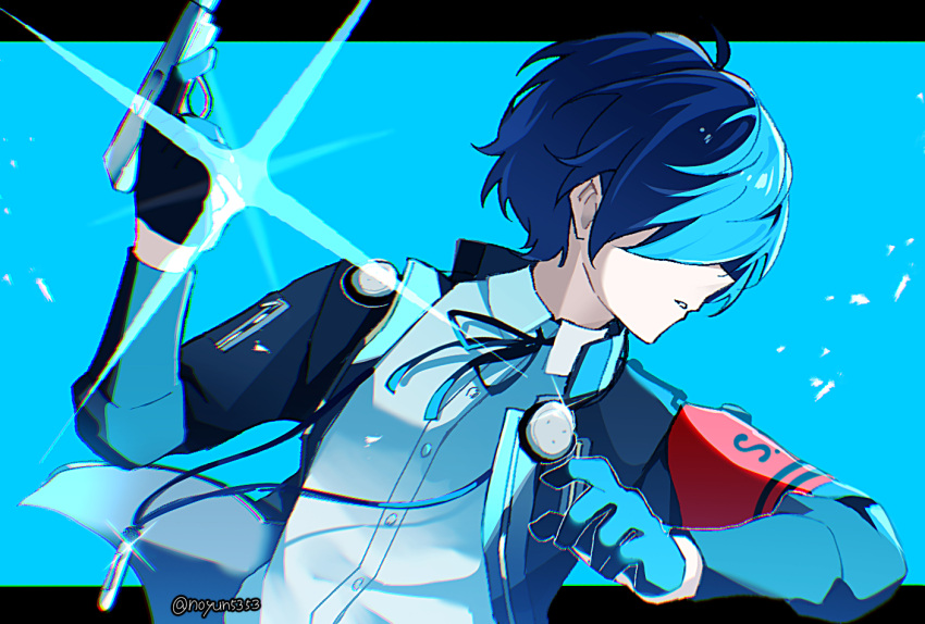 Safebooru - 1boy aqua background black gloves black jacket blue hair covered eyes gloves gun ...