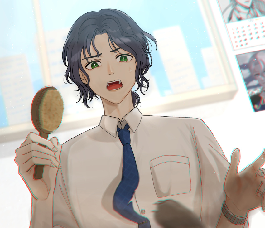 Safebooru - 1boy annoyed argyle clothes argyle necktie black hair blue necktie blue sky breast ...