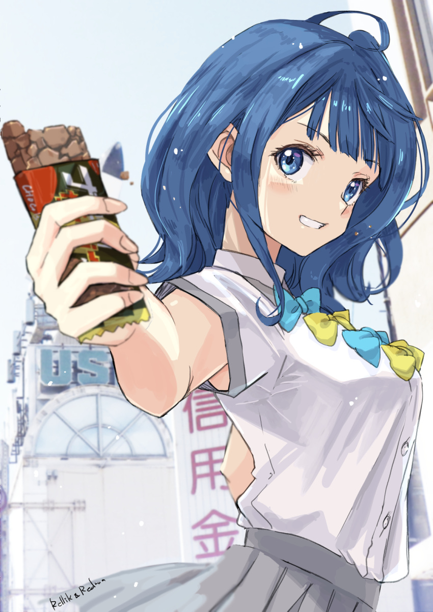 Safebooru - 1girl ahoge armpit peek artist name black thunder (chocolate) blue bow blue bowtie ...