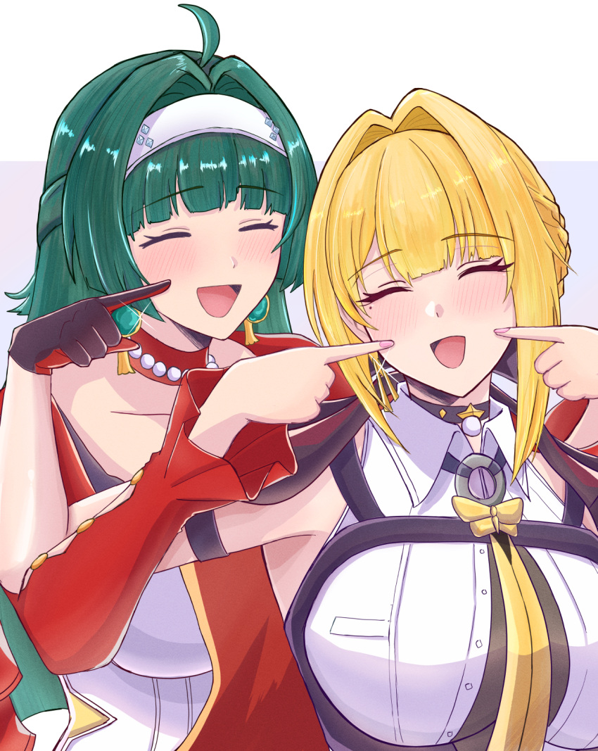 Safebooru - 2girls astra yao black hair blonde hair breasts chest harness dress earrings elbow ...