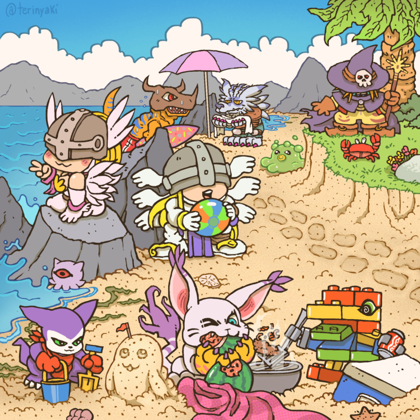 Safebooru - 1girl 3boys 6+others angemon angewomon ball beach beach ...
