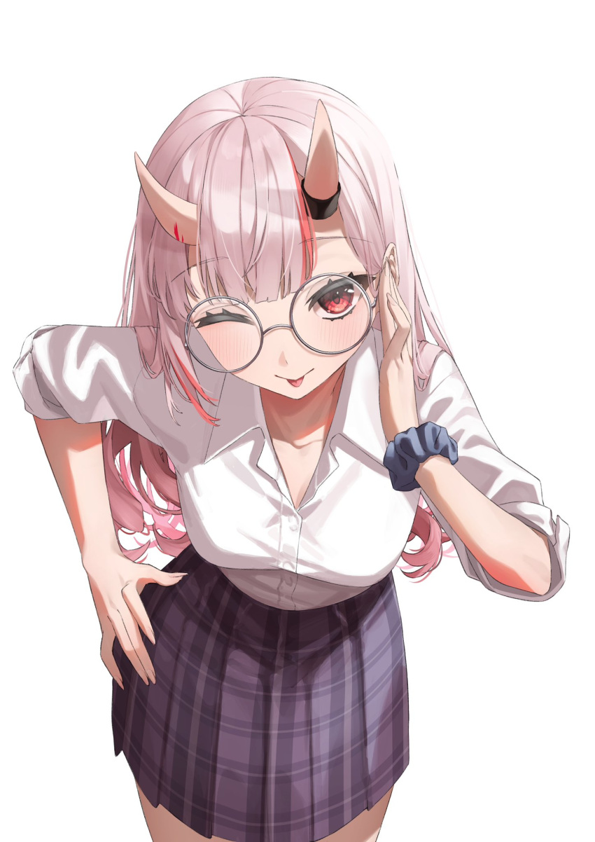 Safebooru - 1girl ;p adjusting eyewear alternate costume bespectacled blunt bangs blush breasts ...