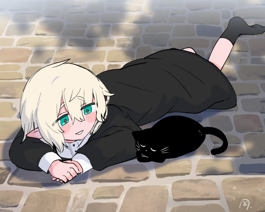 Safebooru - 1girl animal black cat black dress black socks blush stickers brick road cat dot ...