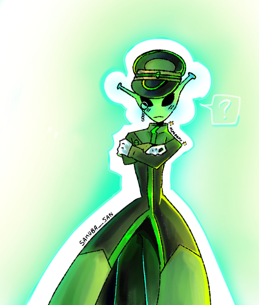 Safebooru - ? alien antennae black eyes blush crossed arms gloves hat ...