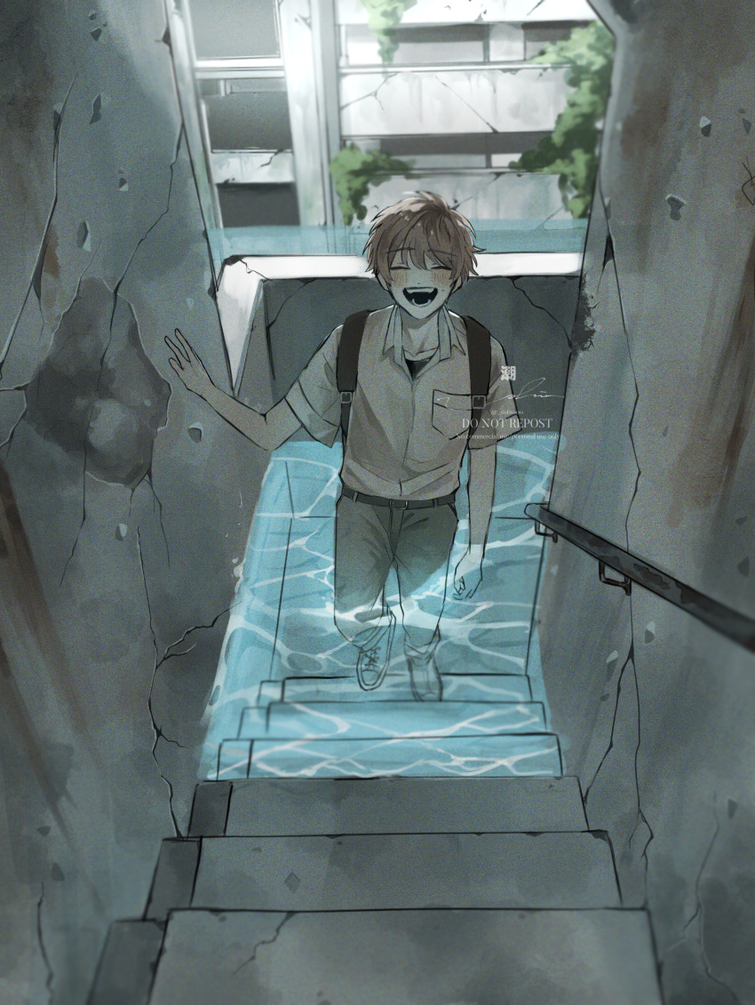 Safebooru - 1boy :d absurdres apartment backpack bag belt brown hair building chao (4227839 ...