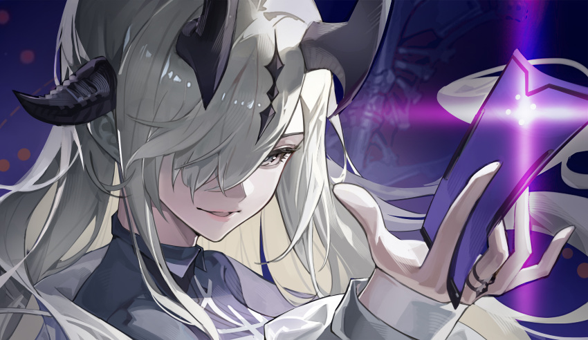 Safebooru - 1girl absurdres arknights between fingers black eyes black horns black shirt chinese ...