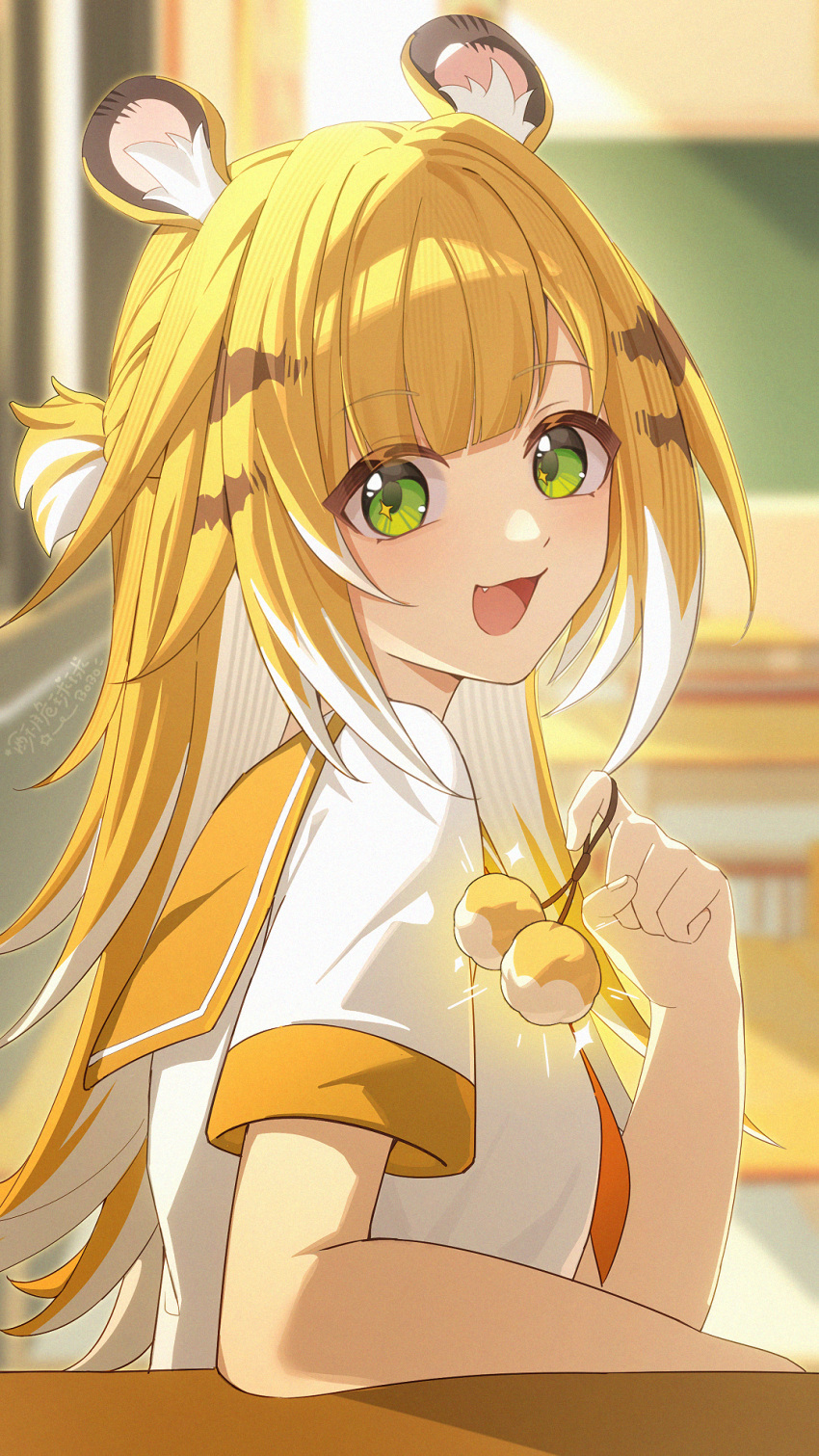 Safebooru - 1girl animal ear fluff animal ears blonde hair chalkboard classroom from side green ...