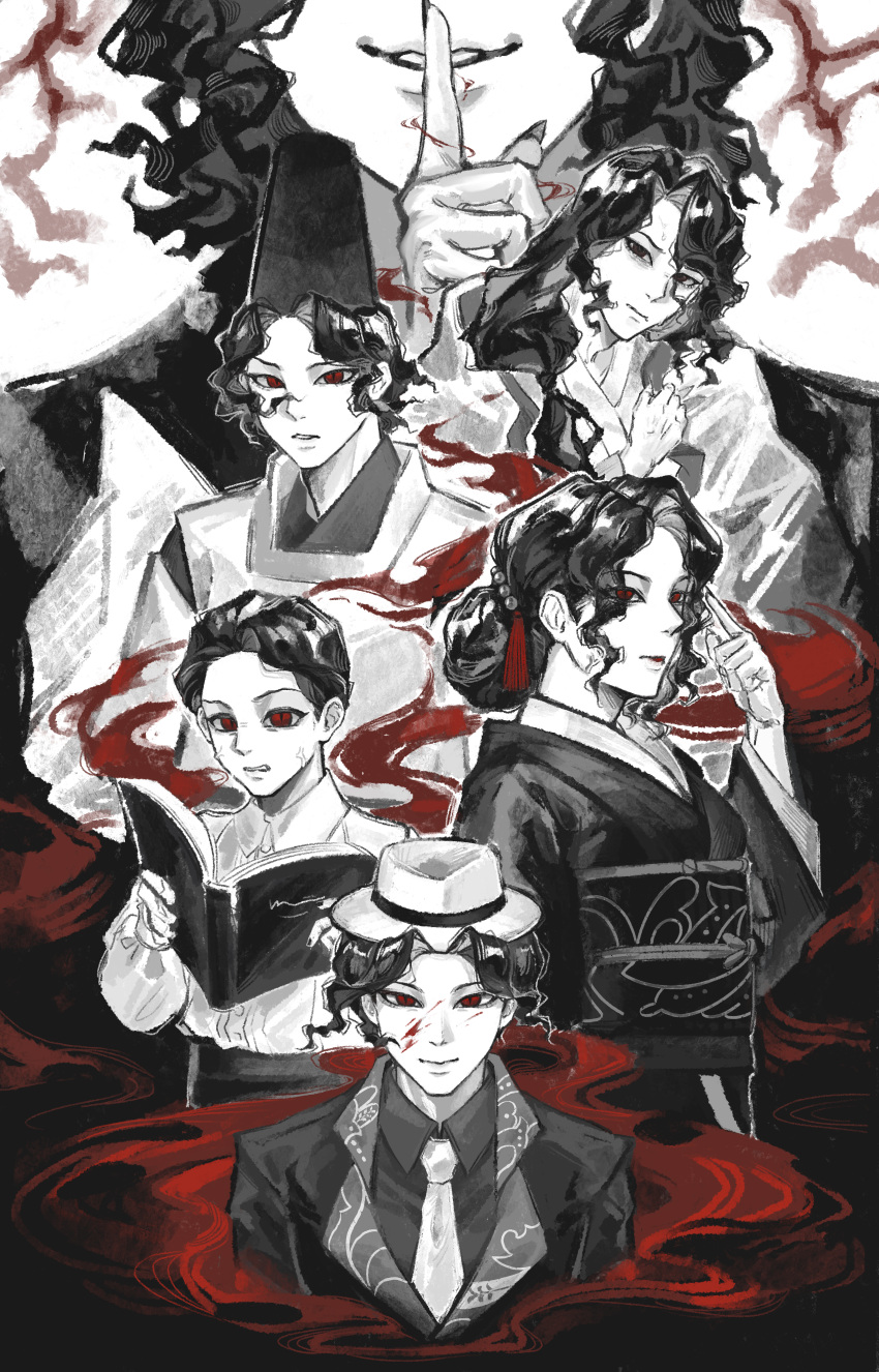 Safebooru - 1boy 1girl 6+boys absurdres angry black hair black kimono black suit book child ...