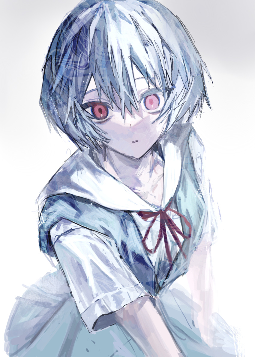 Safebooru - 1girl ayanami rei blue hair blue shirt blue skirt hands on ground looking at viewer ...