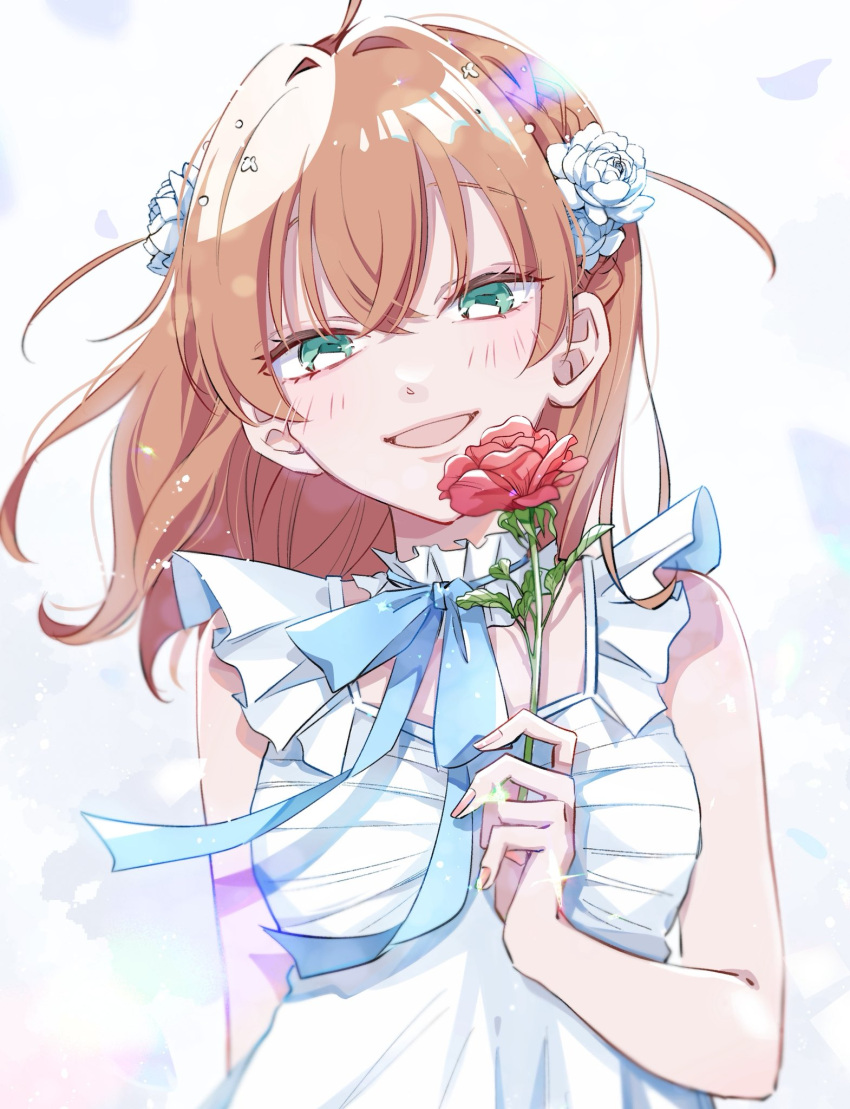 Safebooru - 1girl :d alternate costume bare shoulders blush breasts commentary dress flower ...