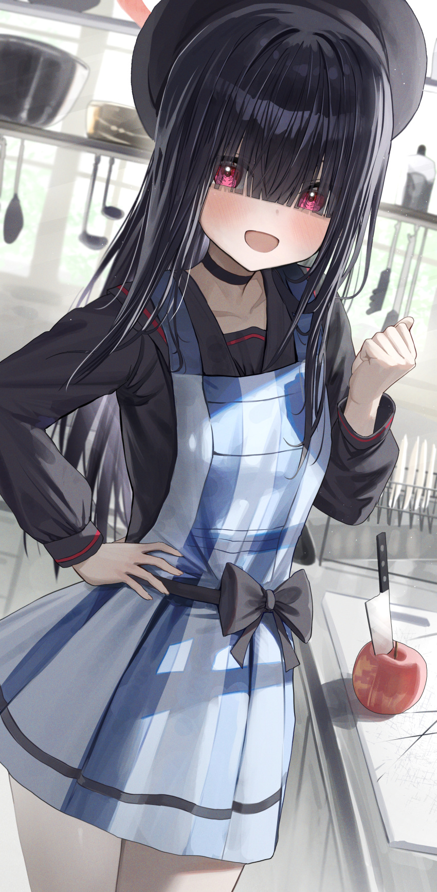 Safebooru - 1girl absurdres apple apron beret black hair blue archive blurry blurry background ...