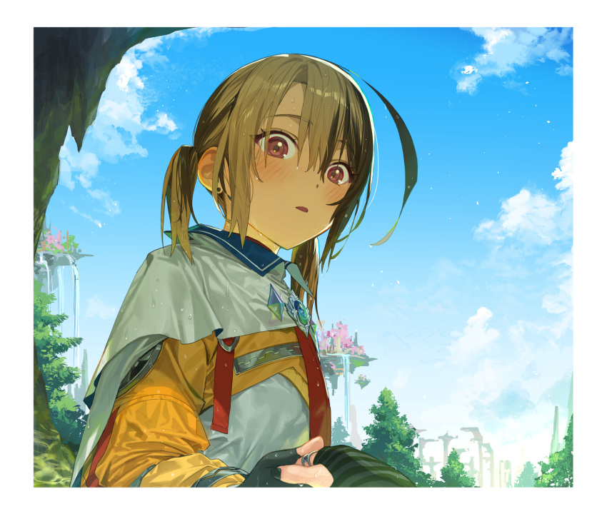 Safebooru - 2girls black nails blonde hair blue sky blush border brown ...