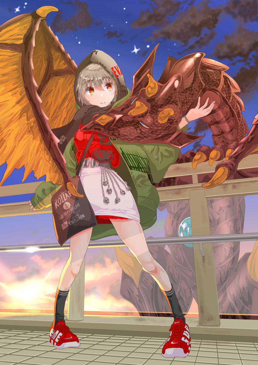 Safebooru - 1girl absurdres black socks brown hair clouds coat dragon green coat hair between ...