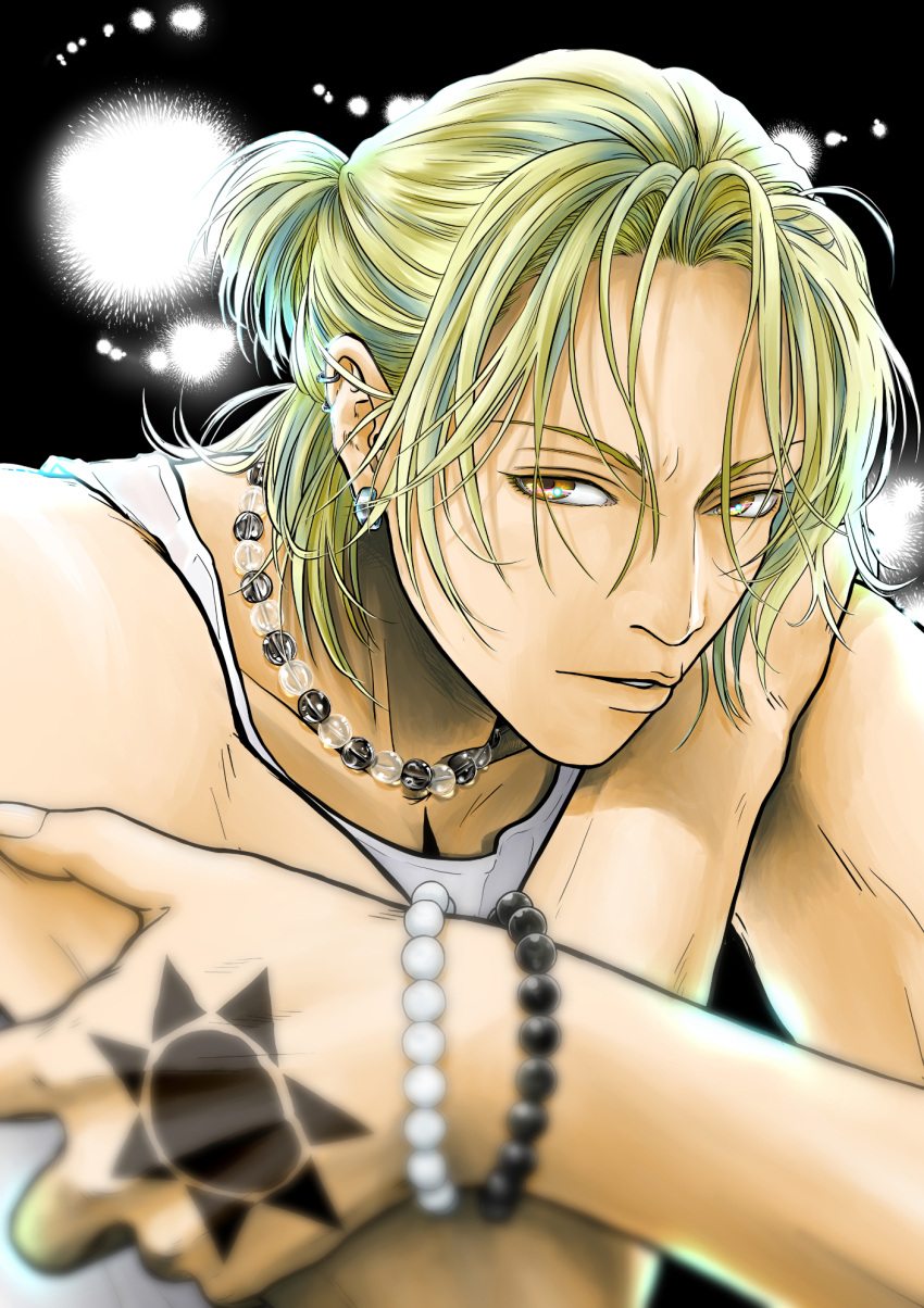 Safebooru - 1boy bead bracelet bead necklace beads black background blonde hair blurry blurry ...