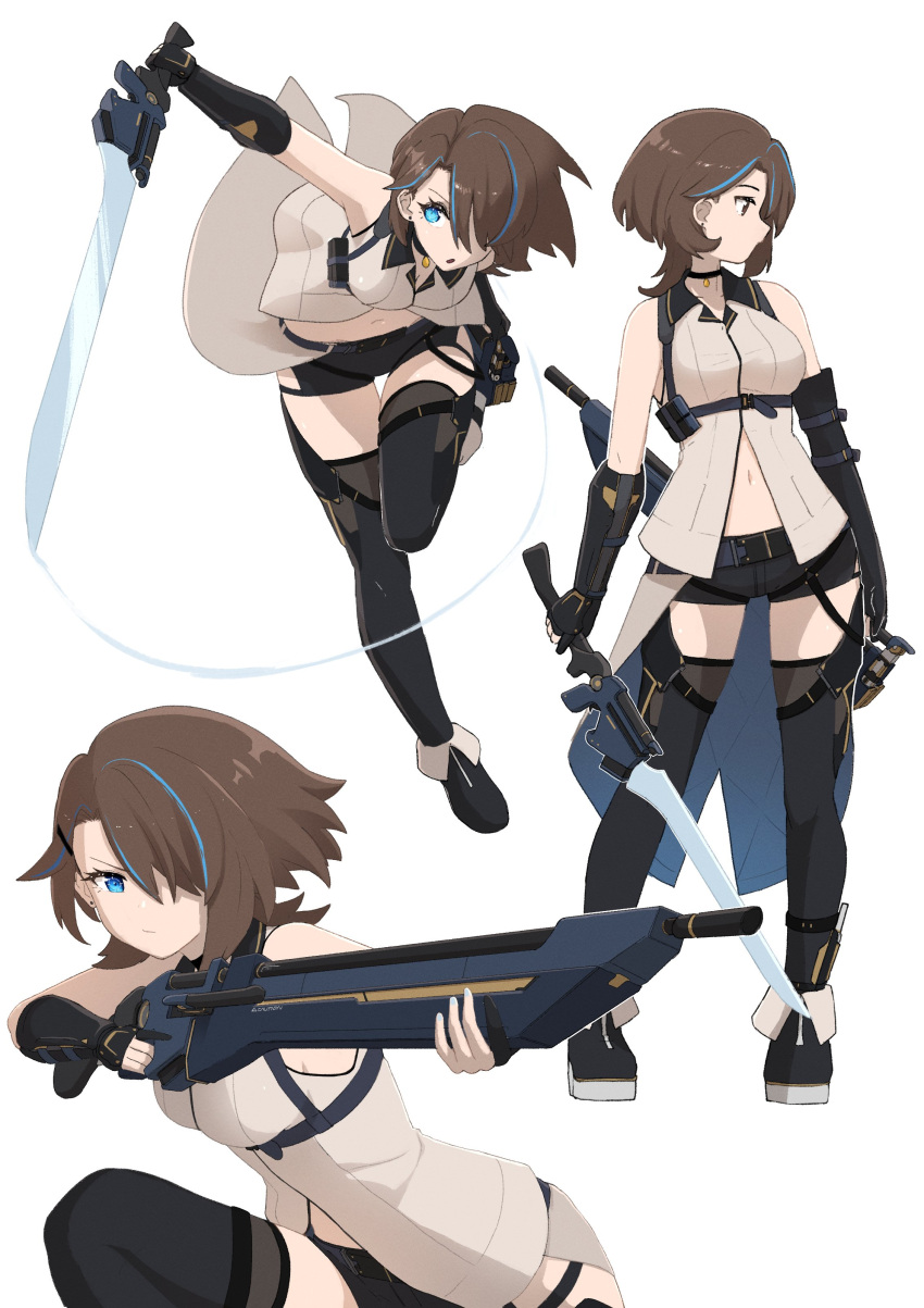 Safebooru - 1girl absurdres asymmetrical sleeves black thighhighs blue eyes blue hair brown hair ...