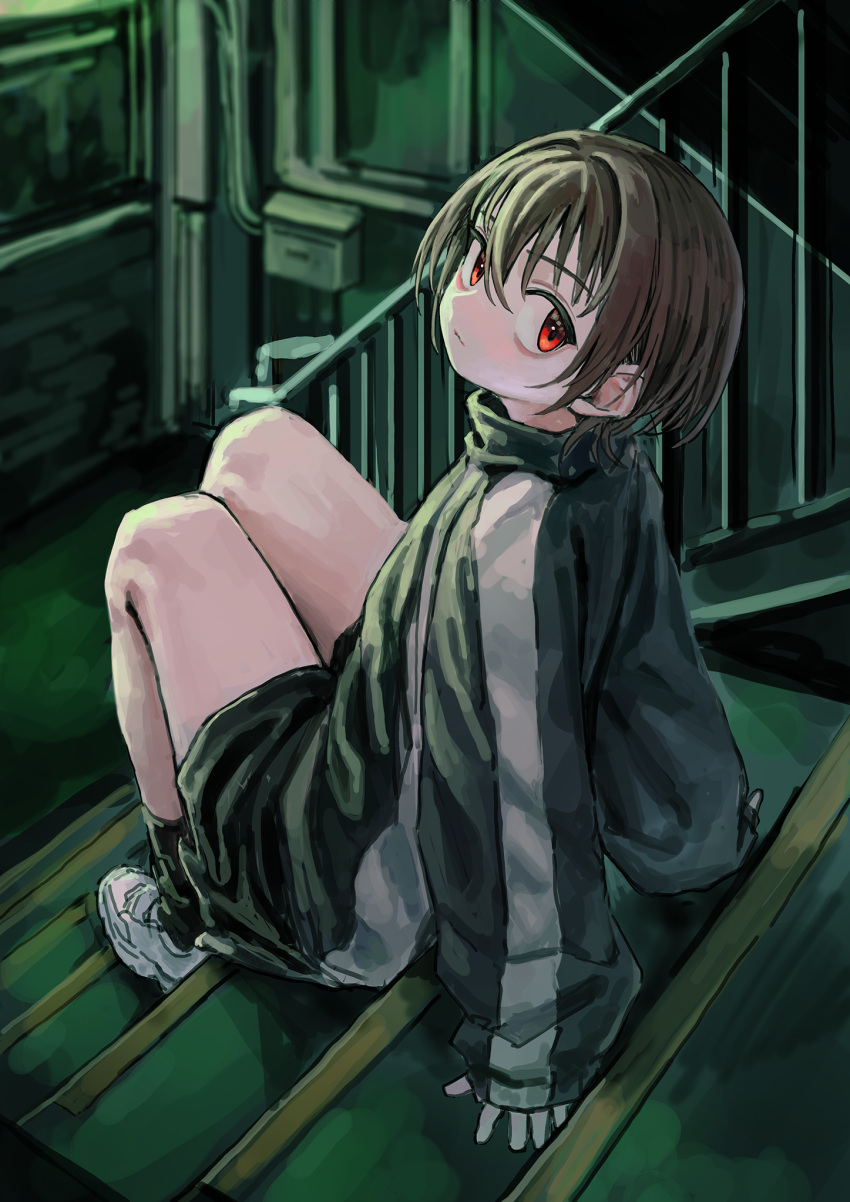 Safebooru - 1girl arm support black jacket black socks brown hair closed mouth commentary from ...