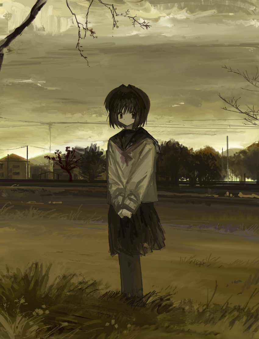 Safebooru 1girl Black Skirt Branch Brown Hair Closed Mouth Clouds 7561