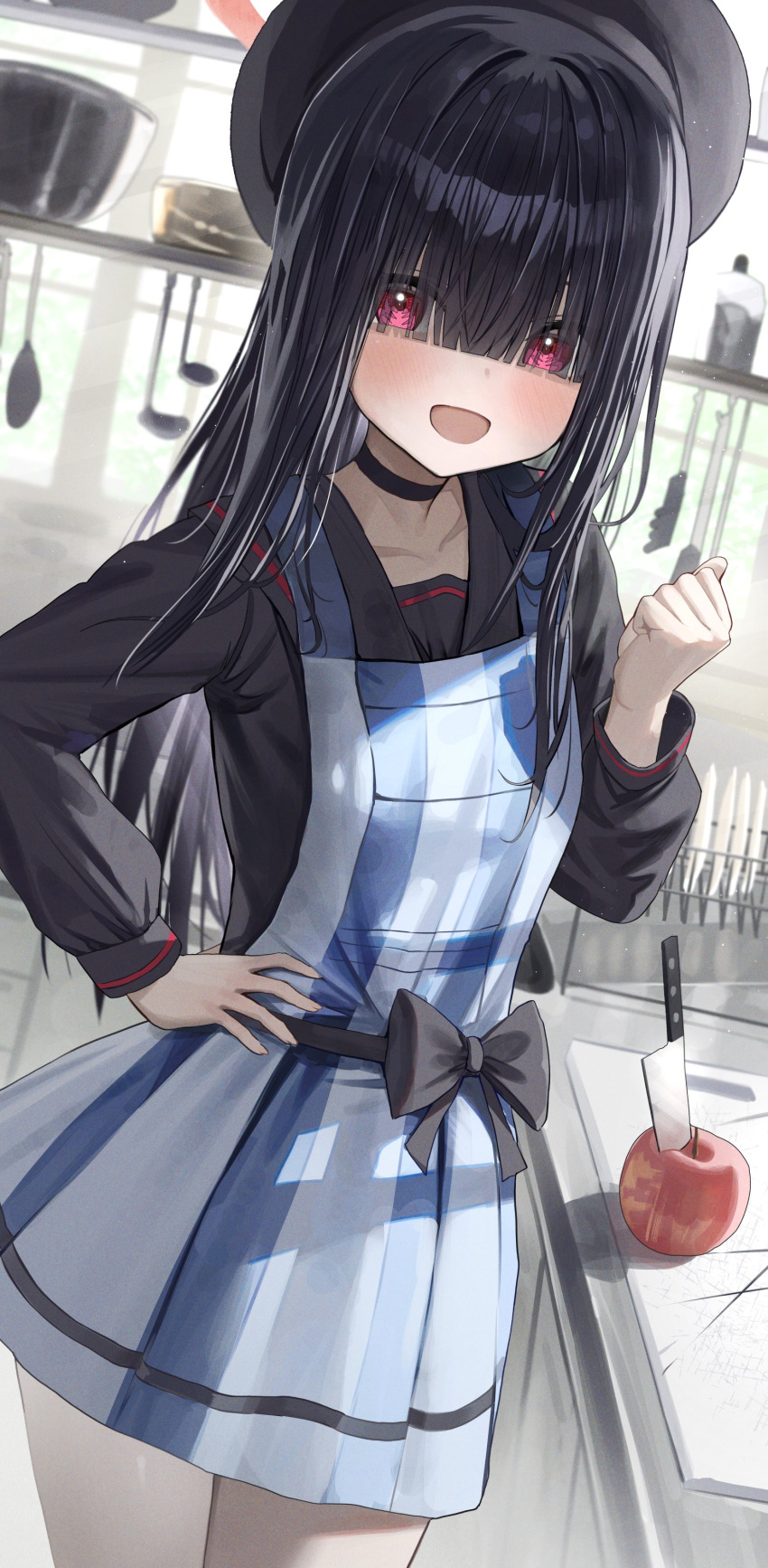 Safebooru - 1girl absurdres apple apron beret black hair blue archive blurry blurry background ...