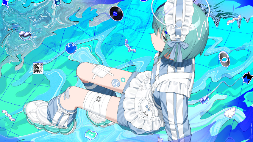 Safebooru - 1girl absurdres apple apron bandaged leg bandages blue background blue eyes blue ...