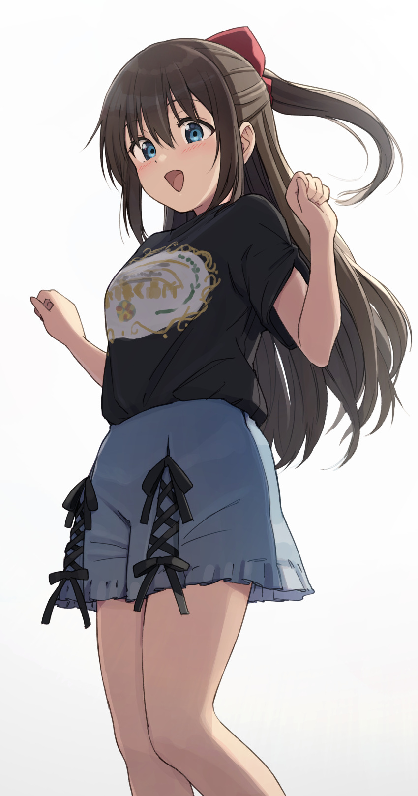 Safebooru - 1girl absurdres black shirt blue eyes blue shorts blush brown hair commentary ...