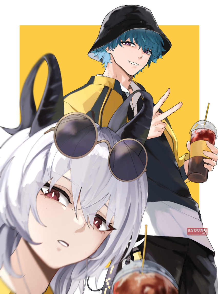 Safebooru - 1boy 1girl absurdres ayoungart black hat black horns blue hair border brant ...