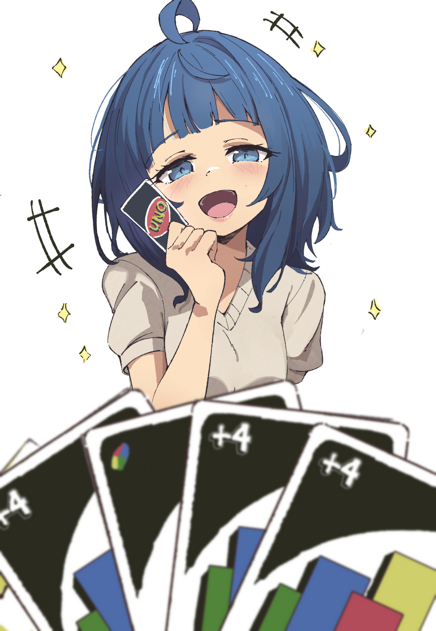 Safebooru - 1girl :d absurdres ahoge blue eyes blue hair blush stickers breasts card cowlick ...