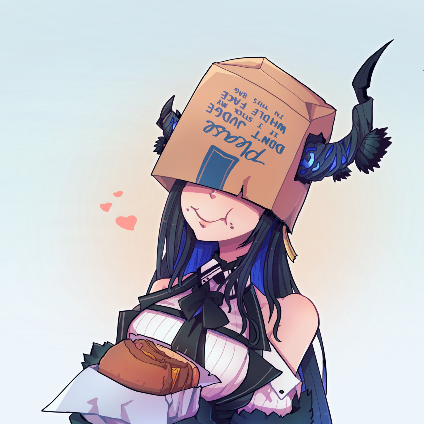Safebooru - 1girl absurdres asymmetrical horns bag bare shoulders black hair black ribbon blue ...