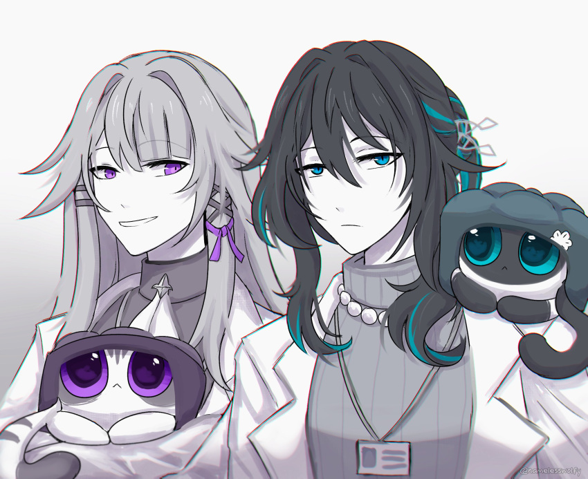 Safebooru - 2girls aqua hair bead necklace beads coat commentary grin ...