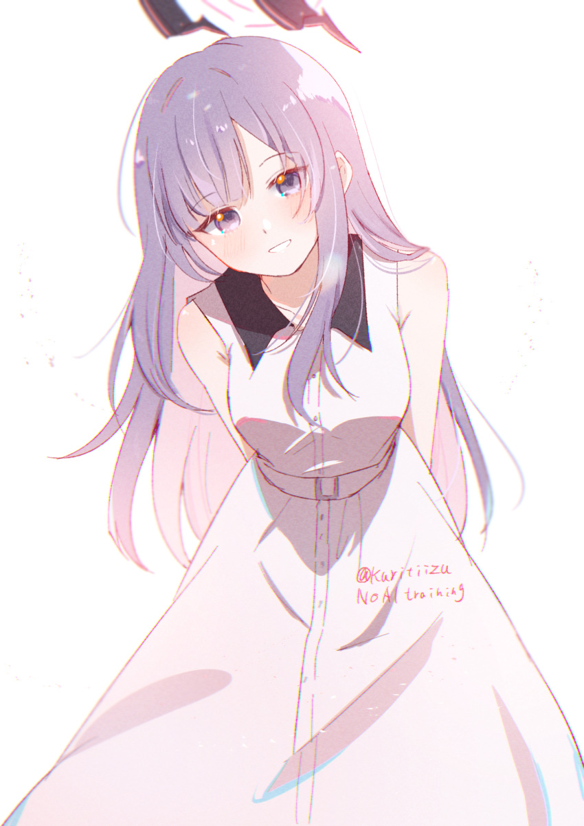 Safebooru - 1girl :d alternate costume arms behind back artist name blue archive blunt bangs ...