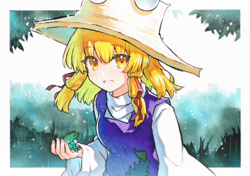Safebooru - 1girl :d animal blonde hair brown hat hair ribbon hat highres holding holding animal ...