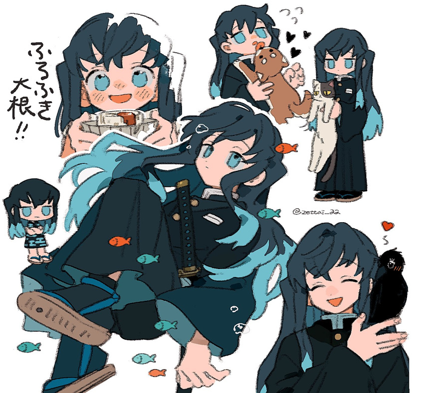 Safebooru - 1boy aqua eyes black hair chibi closed mouth dog fish ...