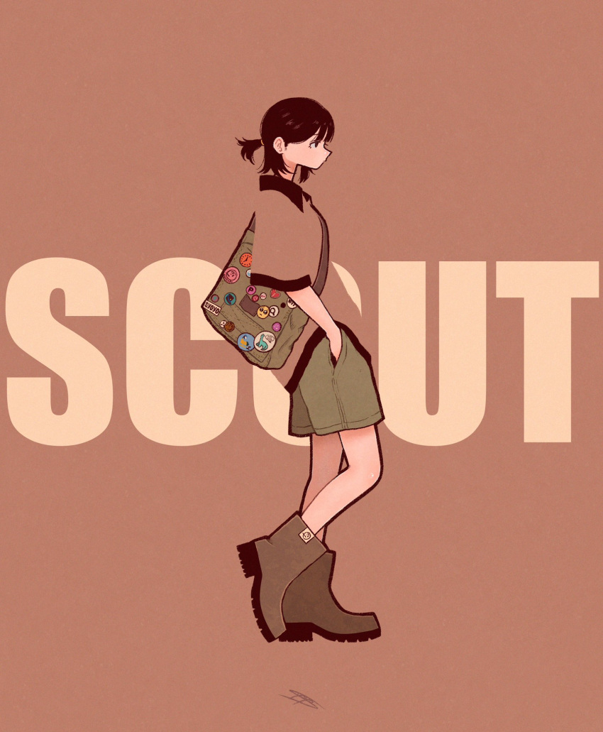 Safebooru 1girl Badge Bag Black Hair Blending Boots Brown Background 0344
