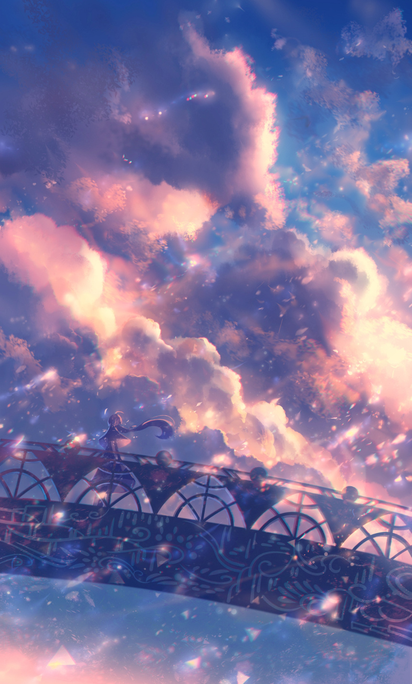 Safebooru 1girl Ahoge Blue Sky Bridge Capelet Closed Mouth Clouds 2224