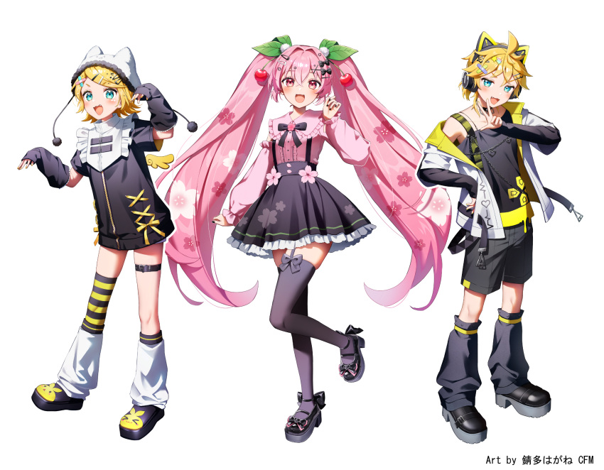 Safebooru - 1boy 2girls :d animal ear headphones animal ears arm warmers aruminsuko asymmetrical ...