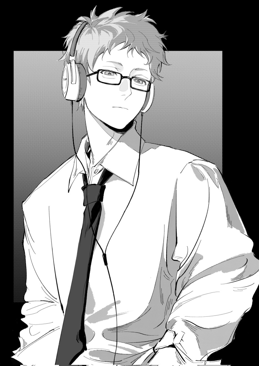 Safebooru - 1boy closed mouth collared shirt glasses greyscale haikyuu!! headphones highres ...