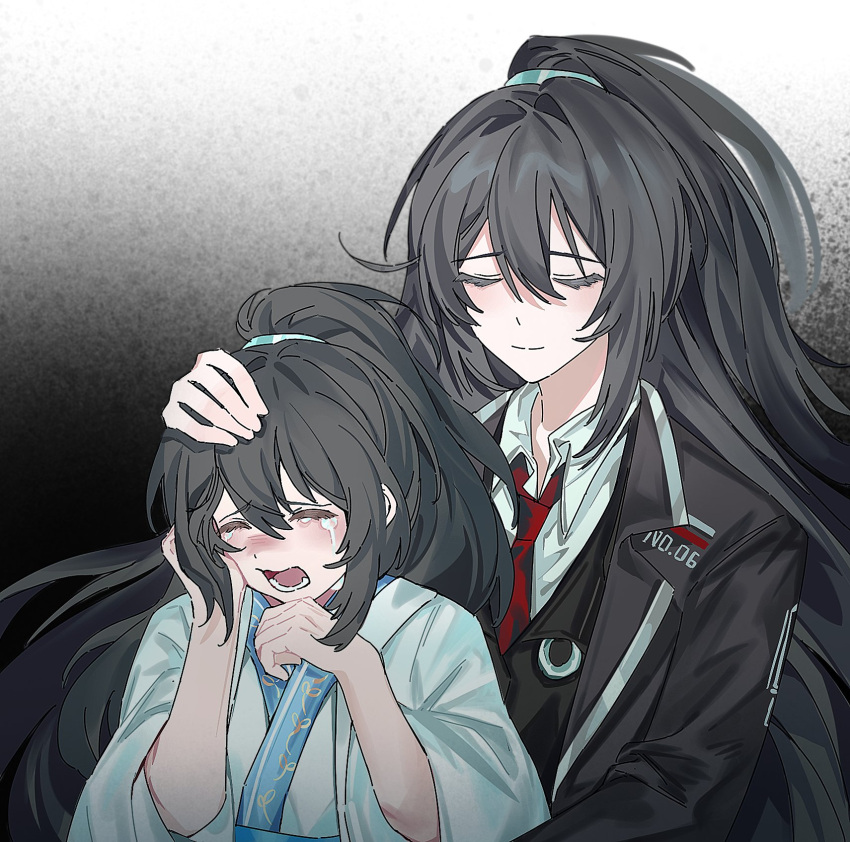 Safebooru - 2boys aged down black coat black hair closed eyes coat ...