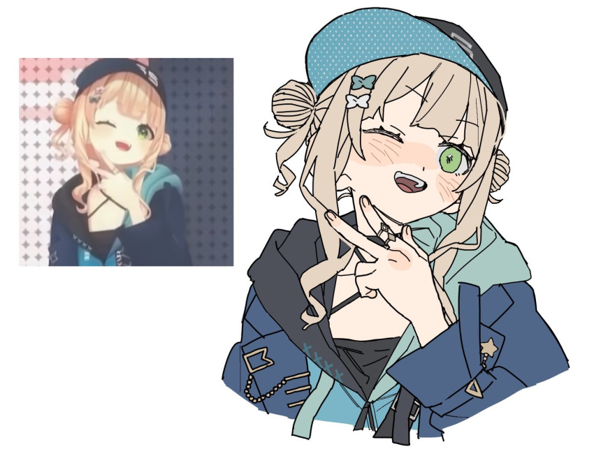 Safebooru - 1girl blonde hair blue jacket dayama green eyes jacket ...