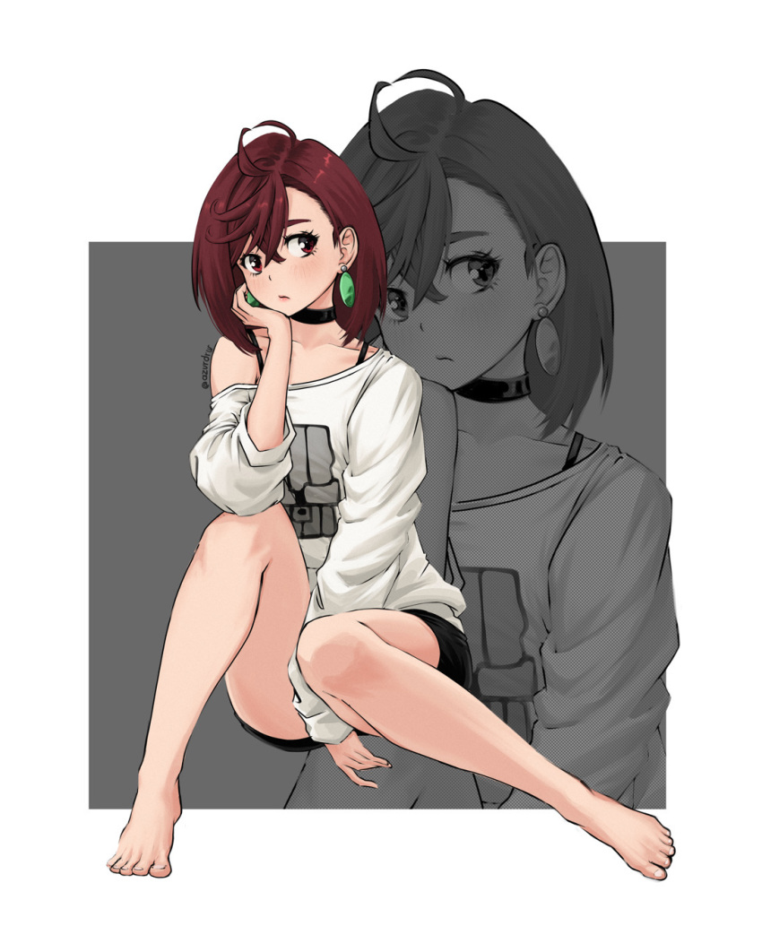 Safebooru - 1girl ayase momo azurdraws bare legs barefoot black choker black shorts choker ...