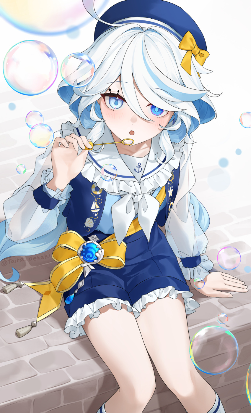 Safebooru - 1girl :o absurdres ahoge alternate costume blowing bubbles blue eyes blue gemstone ...
