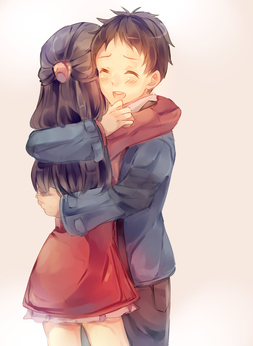 Safebooru - 1boy 1girl black hair blue jacket blush closed eyes gradient background highres ...